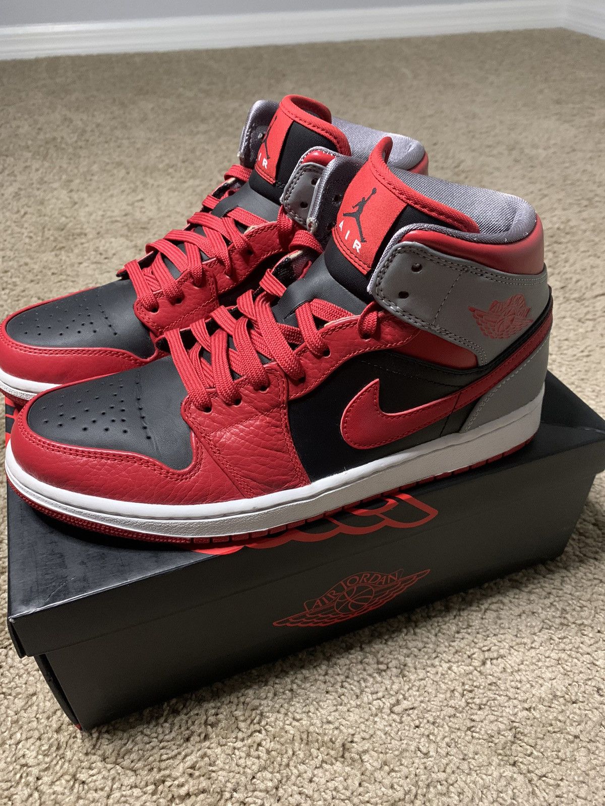Jordan Brand × Nike Jordan 1 Mid Fire Red Cement | Grailed