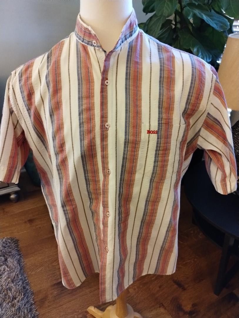 Hugo Boss Vintage 70's Band Collar Short Striped Sleeve Shirt | Grailed