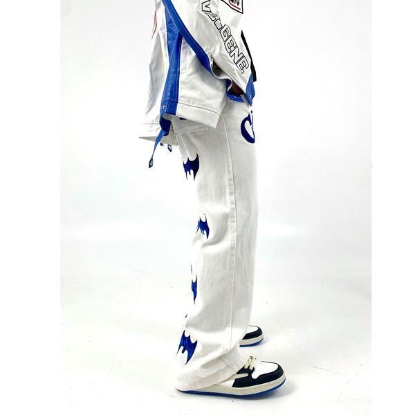 Streetwear White Denim Y2K Blue Bat Print Jeans Men | Grailed