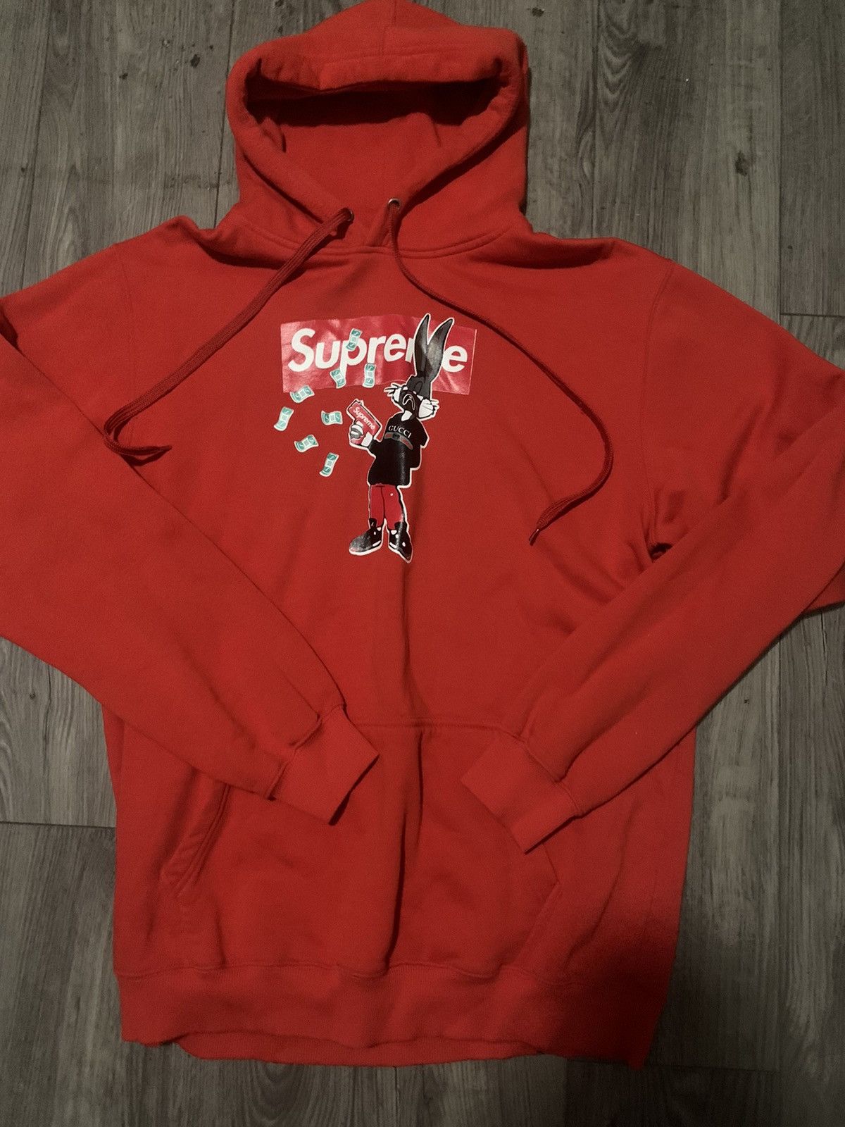 Streetwear × Supreme Red Supreme Bugs Bunny Money Gun Hoodie | Grailed