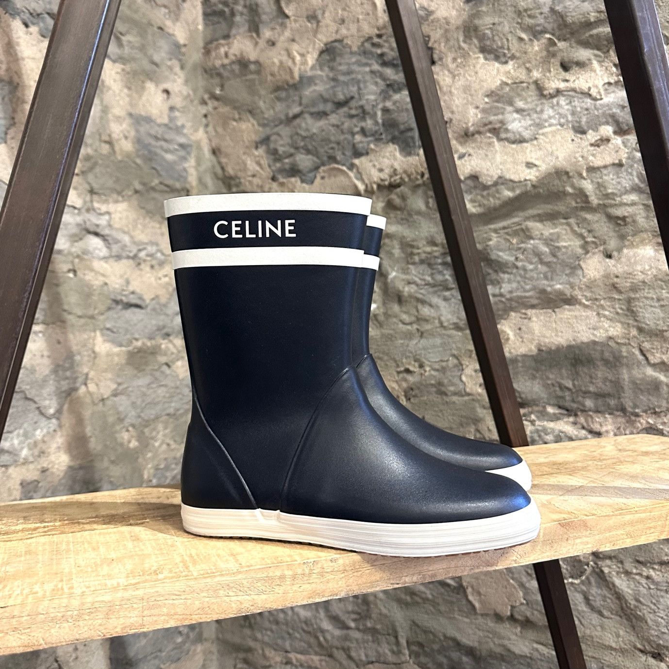 Celine CELINE Navy Rubber Les Bottes De Pont Logo Rain Boots | Grailed