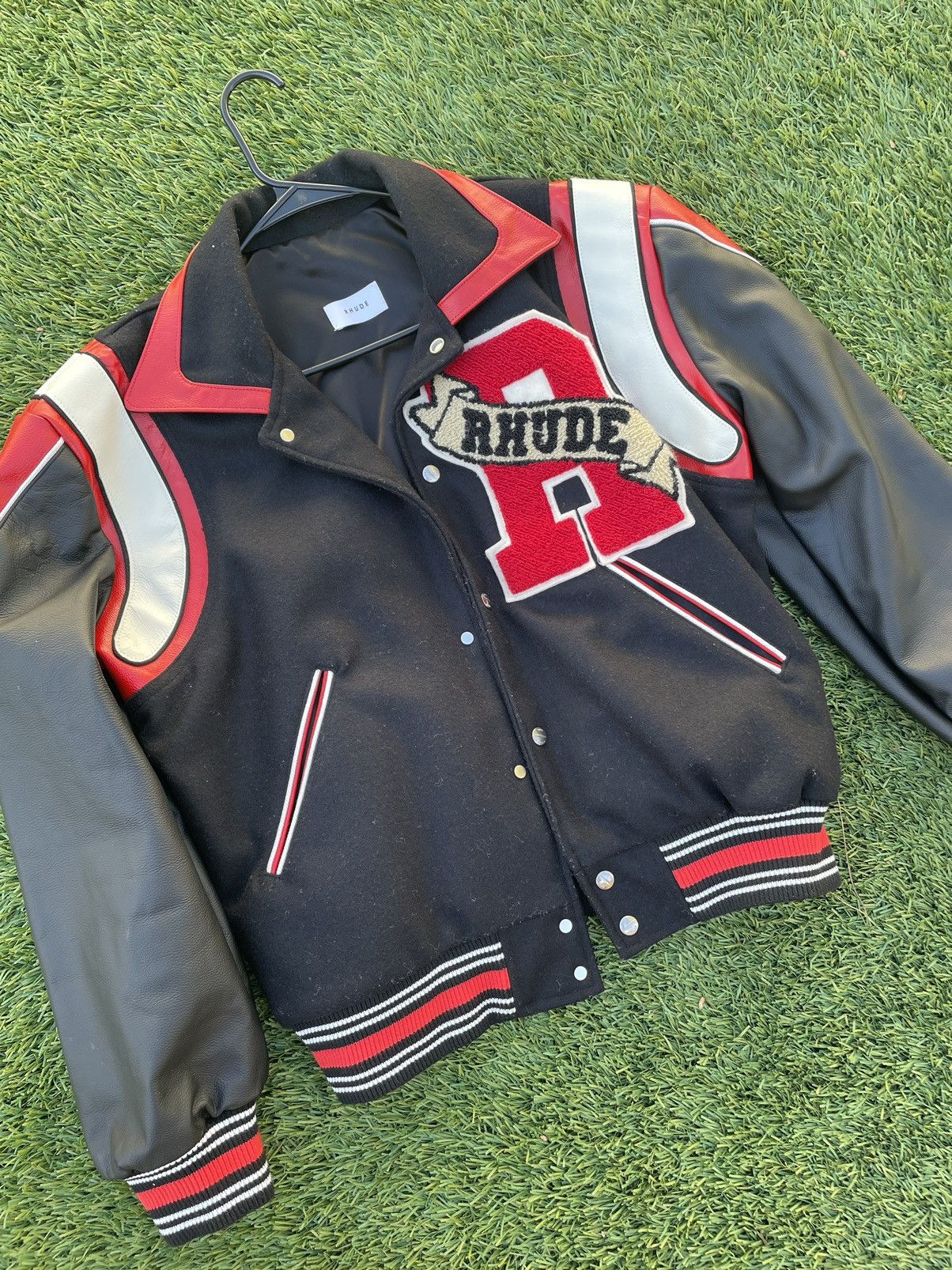 Rhude Rhude Black & Red Leather Varsity Jacket | Grailed