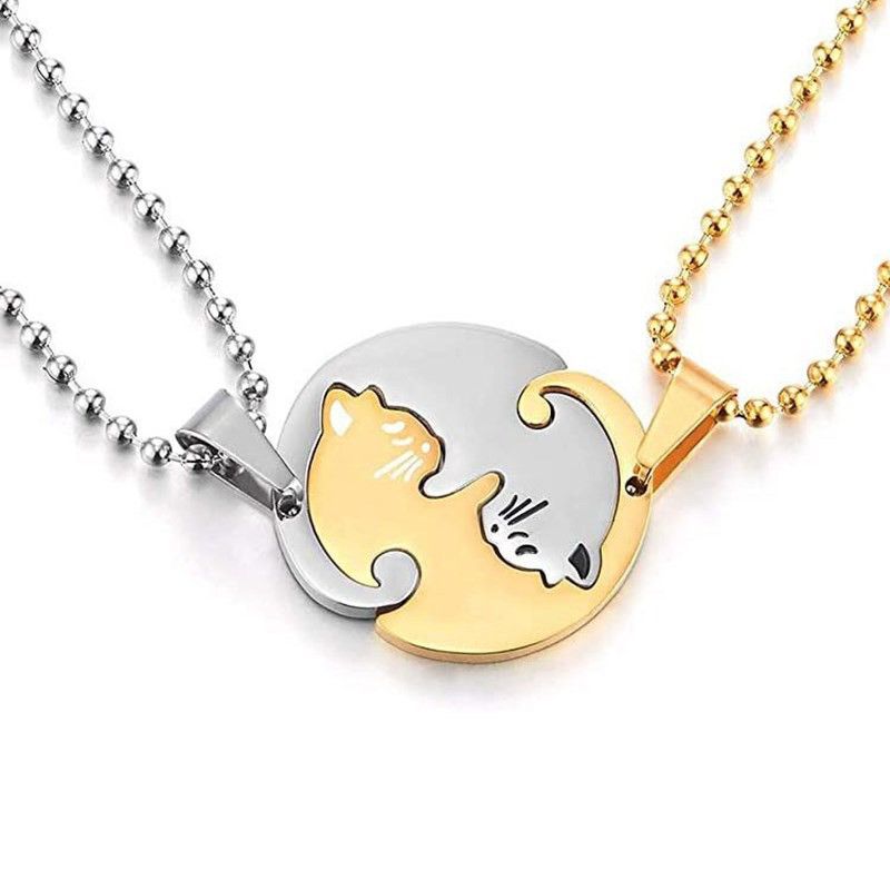 Cuban Link Chain Silver/Gold Color Cute Couple Cartoon Cat Pendant ...