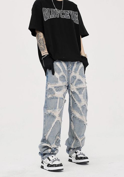 Designer Distressed jeans tears rare design denim Ripped straight | Grailed