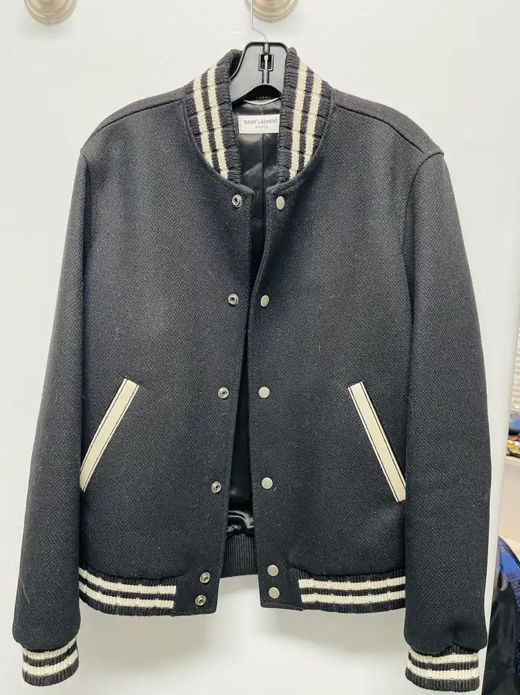 Yves Saint Laurent SAINT LAURENT TEDDY BACK LOGO VARSITY JACKET | Grailed