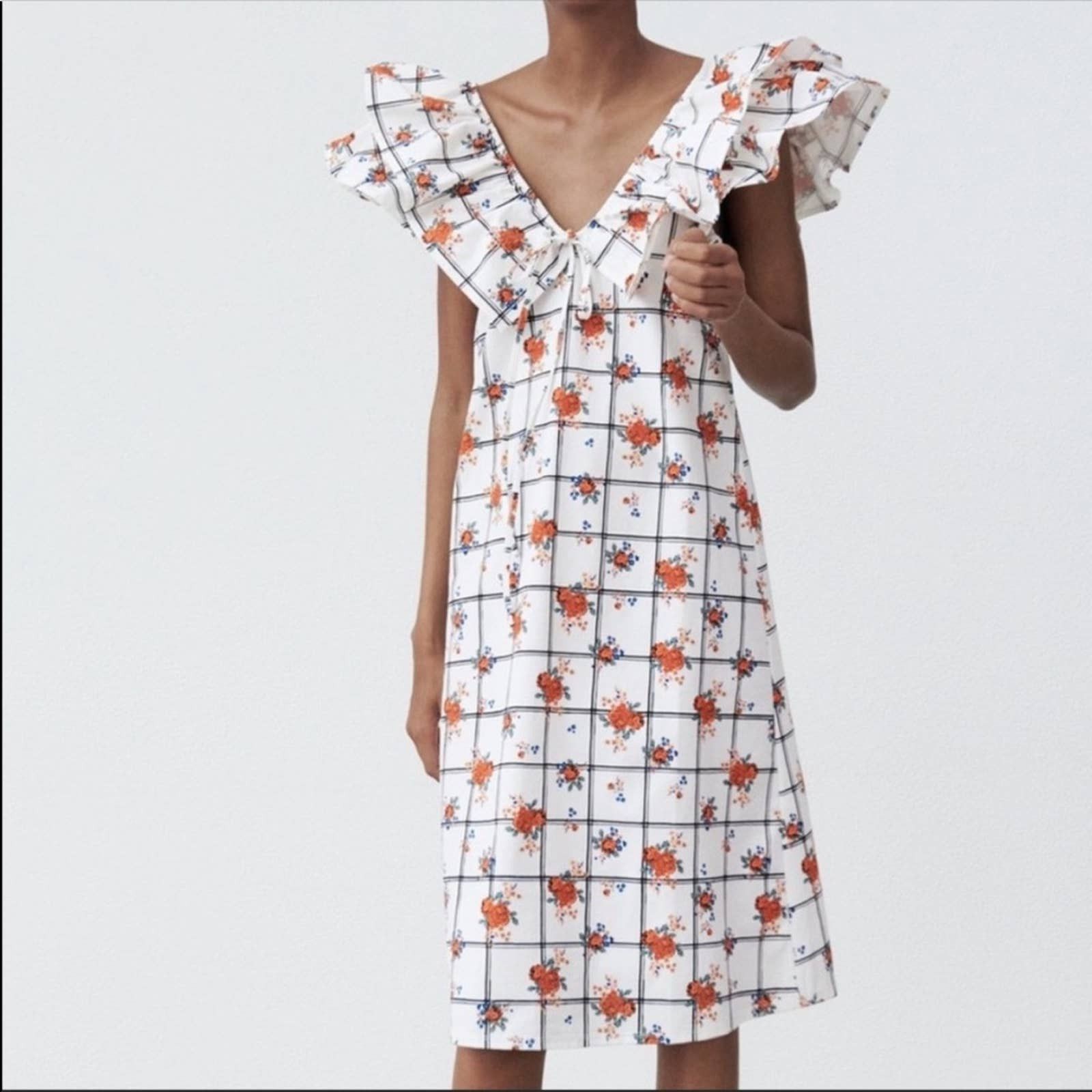 Zara Zara Mixed Print Floral Grid Ruffle Sleeve Midi Dress | Grailed