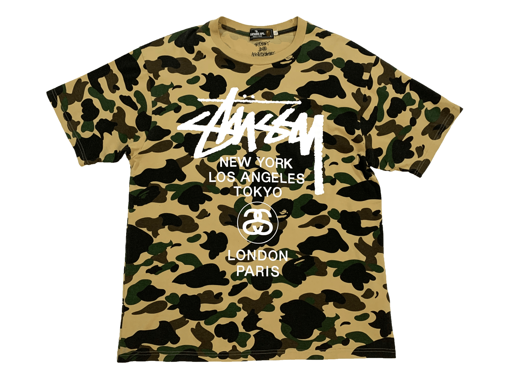 Bape × Stussy BAPE x STUSSY SS10 Yellow 1st Camo 30TH Anniversary Tee ...