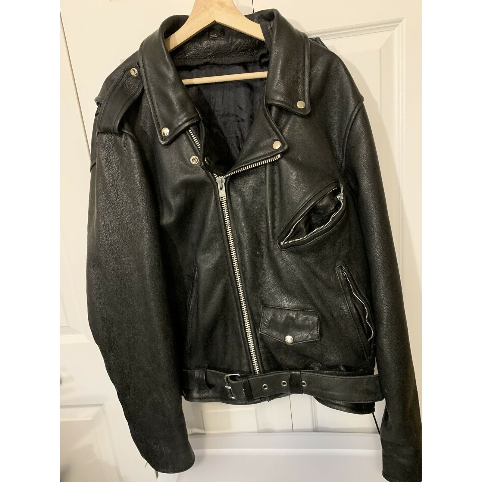 Vintage Black Leather Motorcycle Jacket With Belt Men’s Sz XL Biker ...