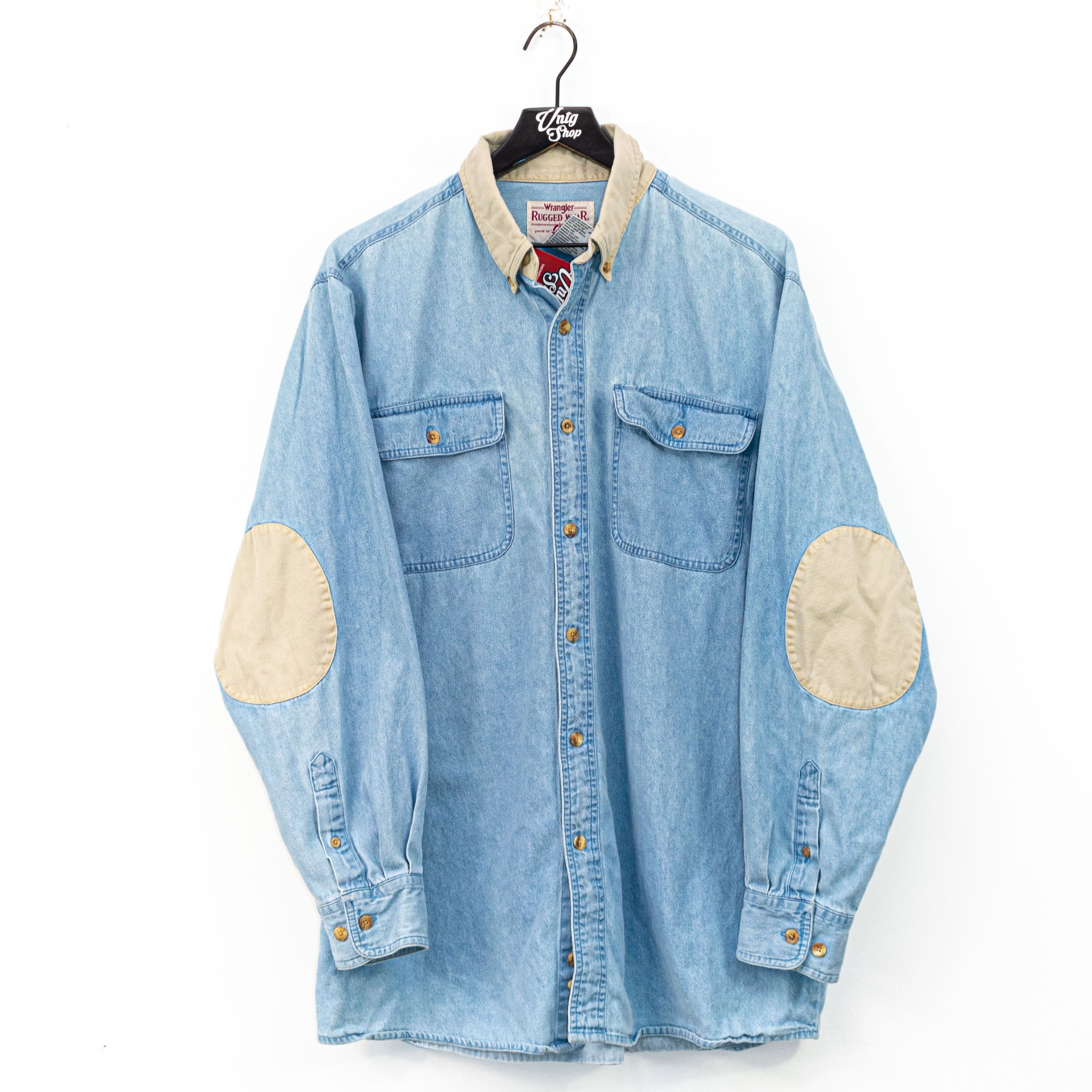 Vintage Vintage 90s Wrangler Rugged Wear Elbow Patch Denim Shirt | Grailed