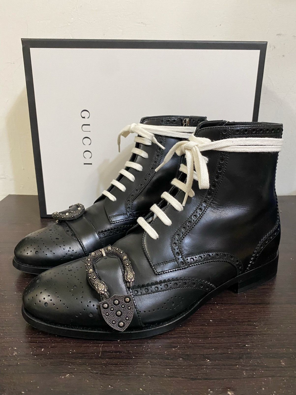 Gucci Classic Queercore Dionysus Buckle Black Leather Brogue Boots ...