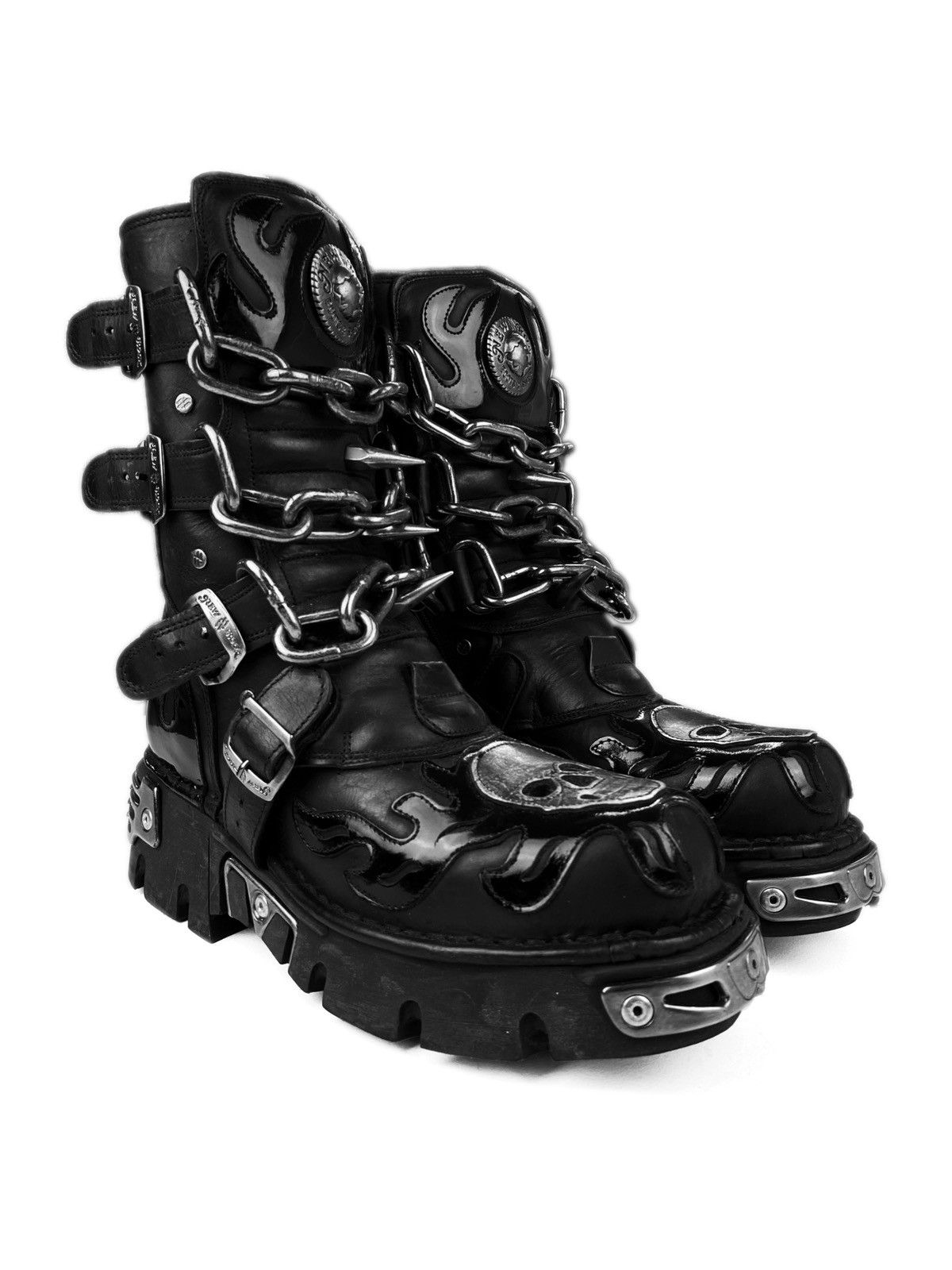 New Rock 00s New Rock ‘Skull’ Spiked Chainlink Leather Platform Boots ...