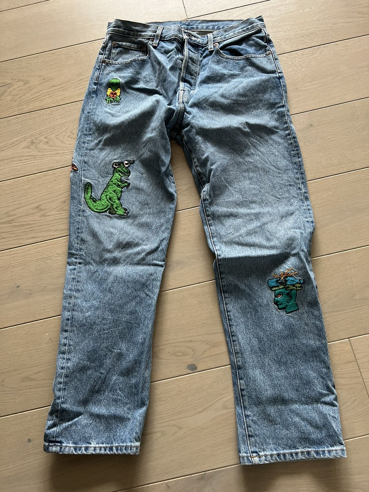 Brain Dead Brain Dead Dinosaur & Alien embroidered skate jeans | Grailed