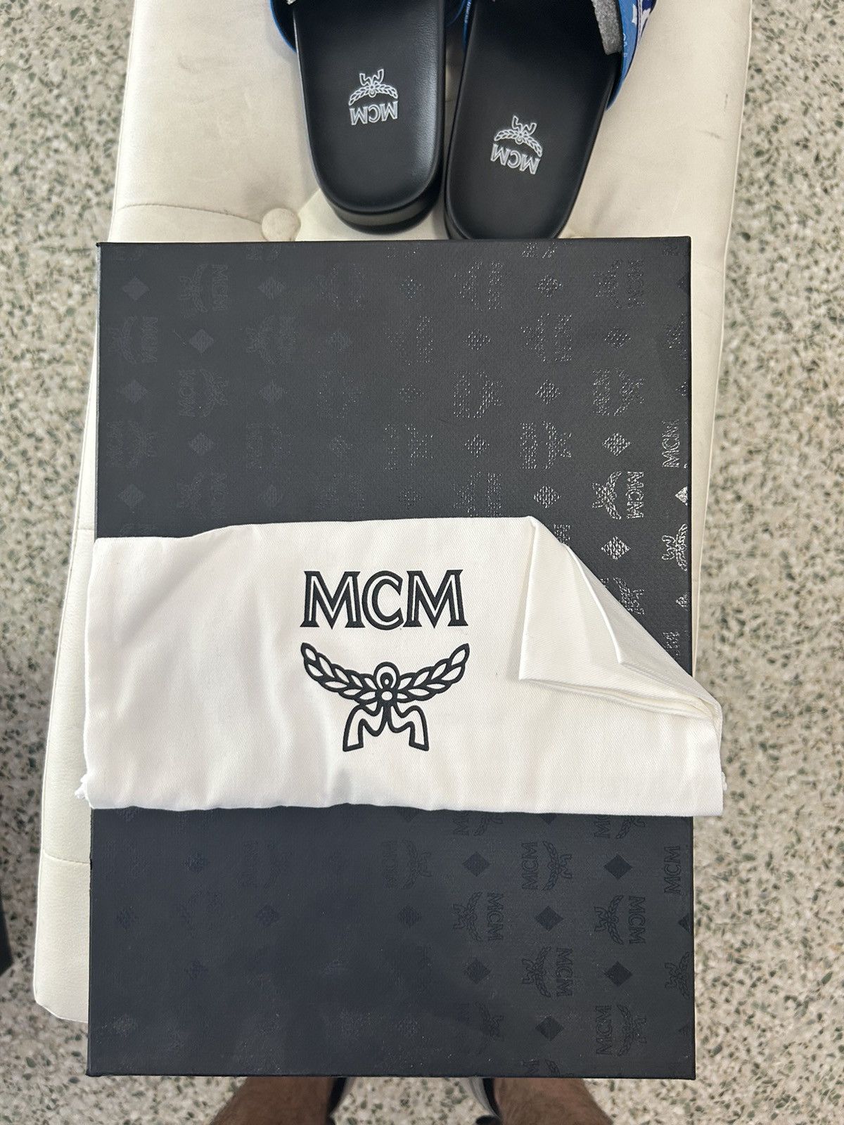 MCM MCM Blue Logo Visetos Slide Sandal with Buckle | Grailed
