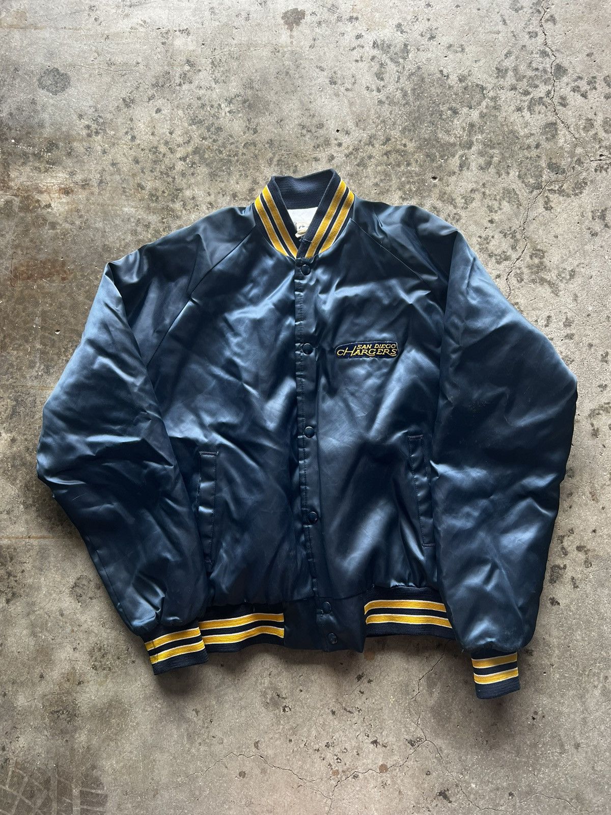 Vintage Large vintage 80s chalk line chargers satin bomber jacket | Grailed