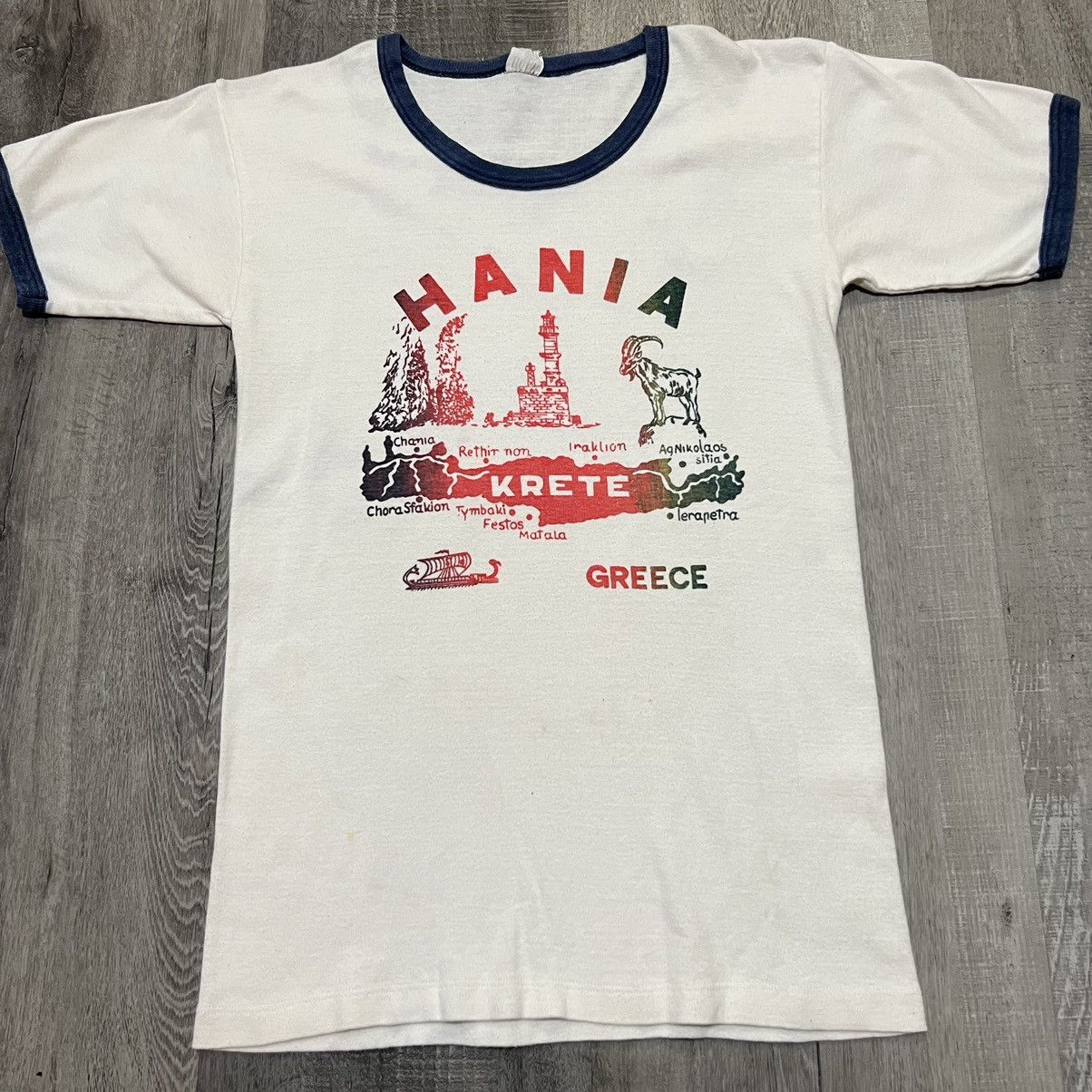 Vintage VTG Hania White 1970s Krete Greece Map Travel Ringer T Shirt ...