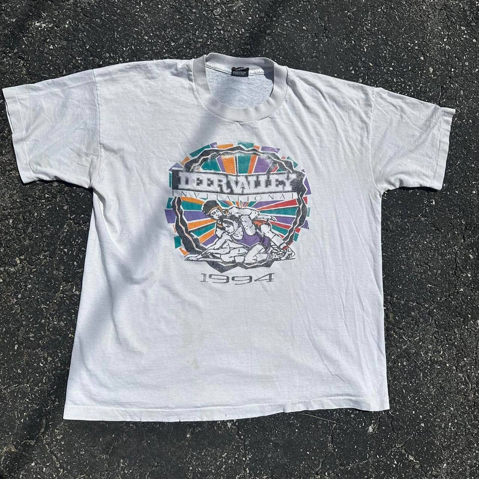 Screen Stars Vintage white single stitch 90s deer valley wrestling tee XL | Grailed