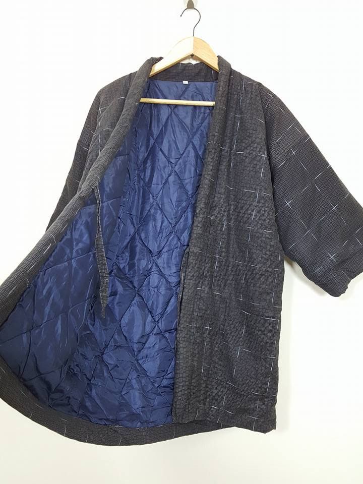 Japanese Brand Quilted Padded Haori Hanten Style Kimono Sayagata Grid ...