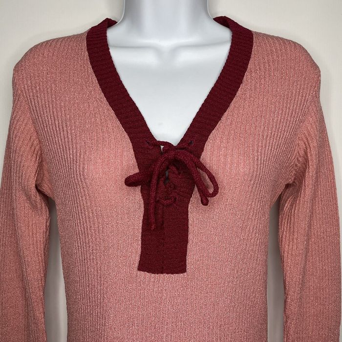 Vintage 70s Marbella Knits Pink Burgundy Ribbed Lace Up Sweater | Grailed