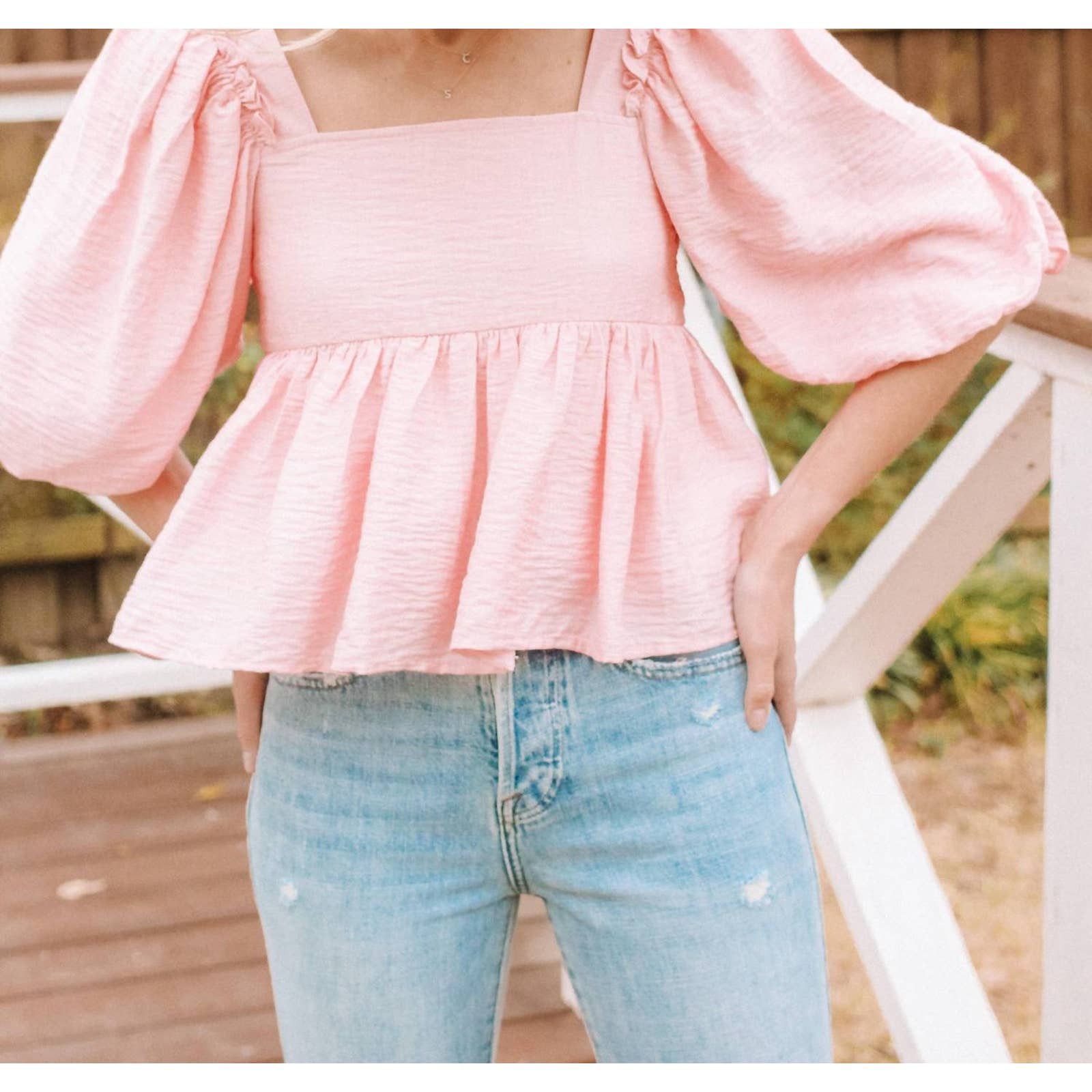 Designer MOON RIVER Polly Peplum Blouse In Baby Pink | Grailed