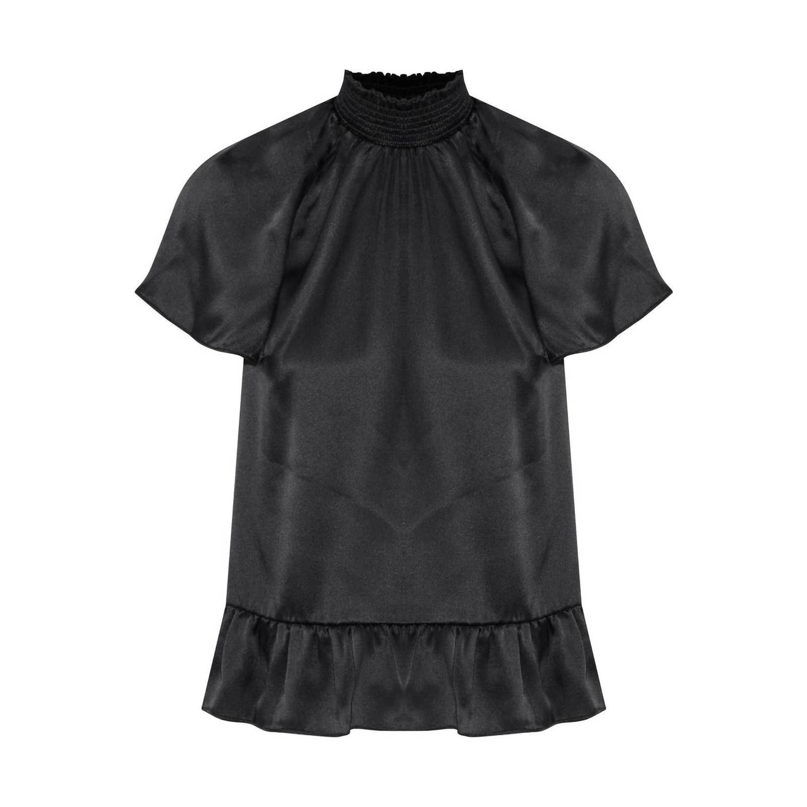 Rachel Zoe Harbor High Smocked Neckline Ruffled Silk Blouse In Black ...