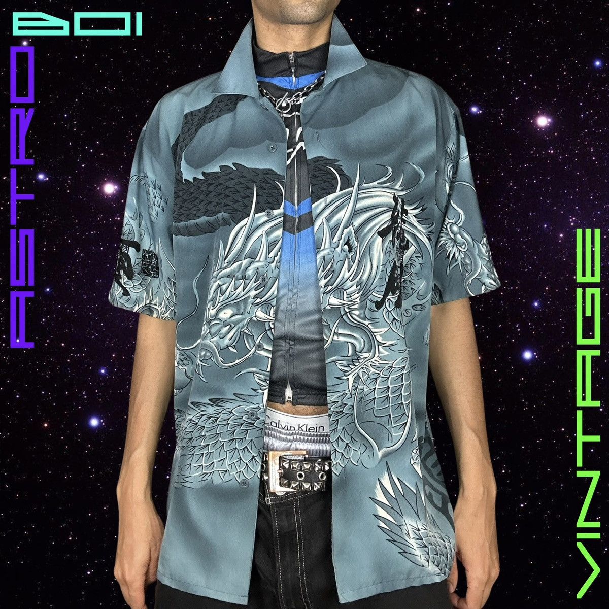 Custom × Streetwear × Vintage VINTAGE Y2K DRAGON SWORD BUTTON UP _ BLUE ...
