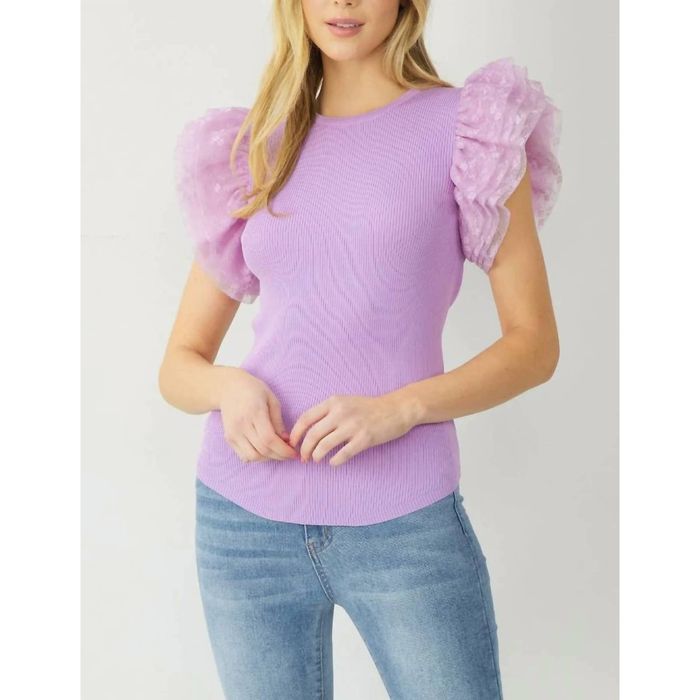 Designer ENTRO Mesh Ruffle Sleeve Knit Top In Lavender | Grailed