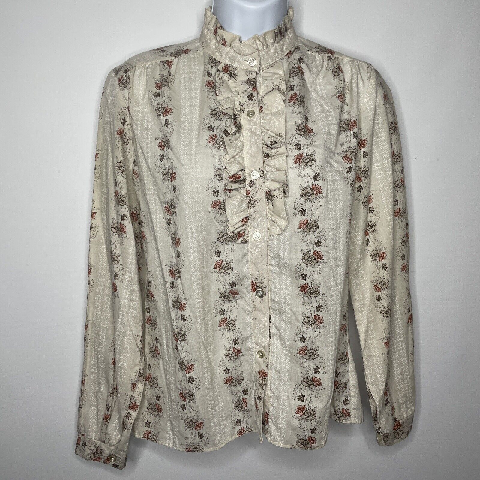 Vintage 70s Beige Floral High Neck Tuxedo Ruffle Blouse Top | Grailed