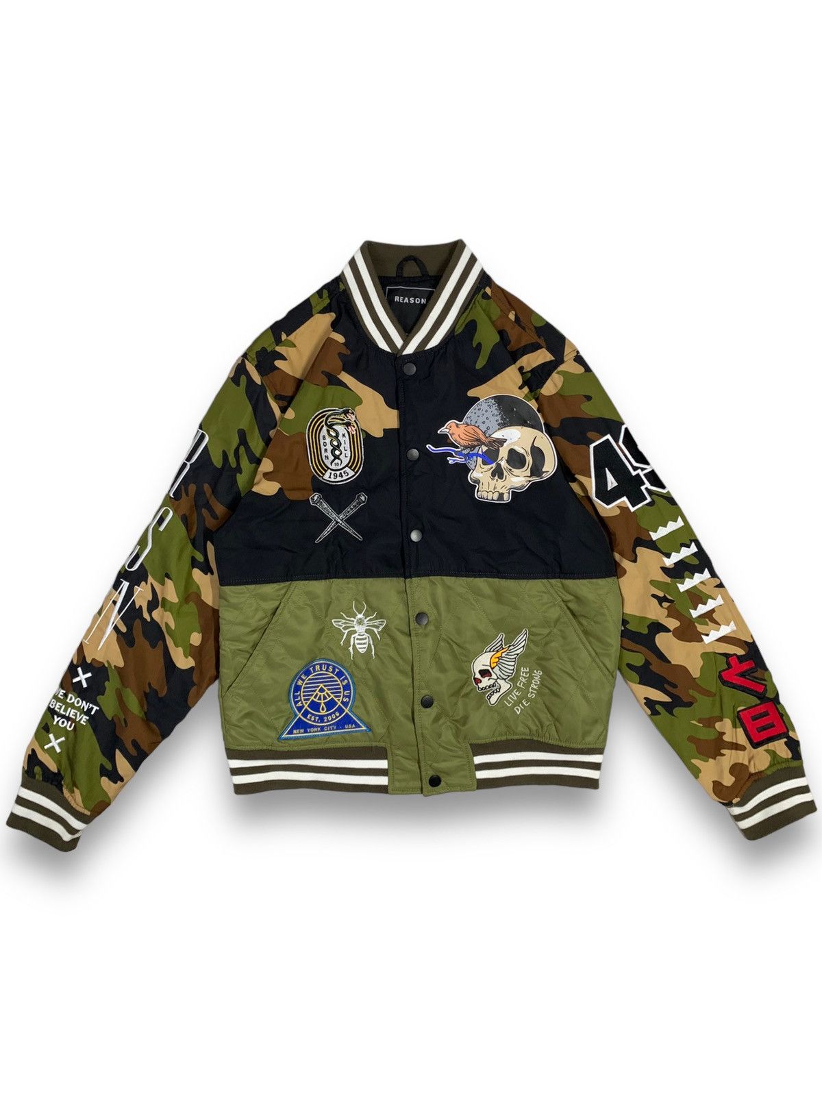 Affliction × Reason × Streetwear REASON Camo Embroidery Patches Skull Punk Varsity Jacket | Grailed