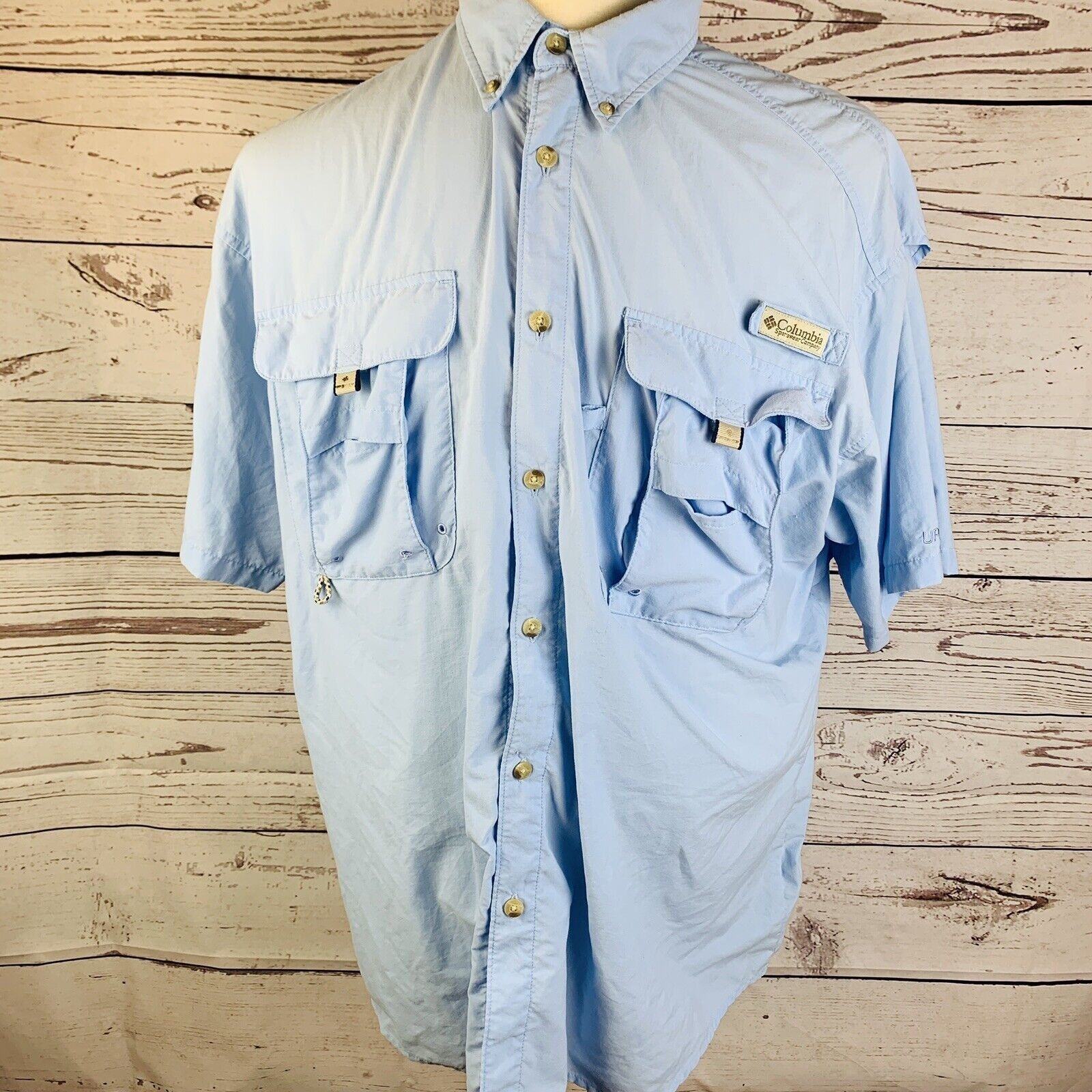 Columbia Columbia Mens PFG Blue Fishing Shirt Short Sleeve Button Fro ...
