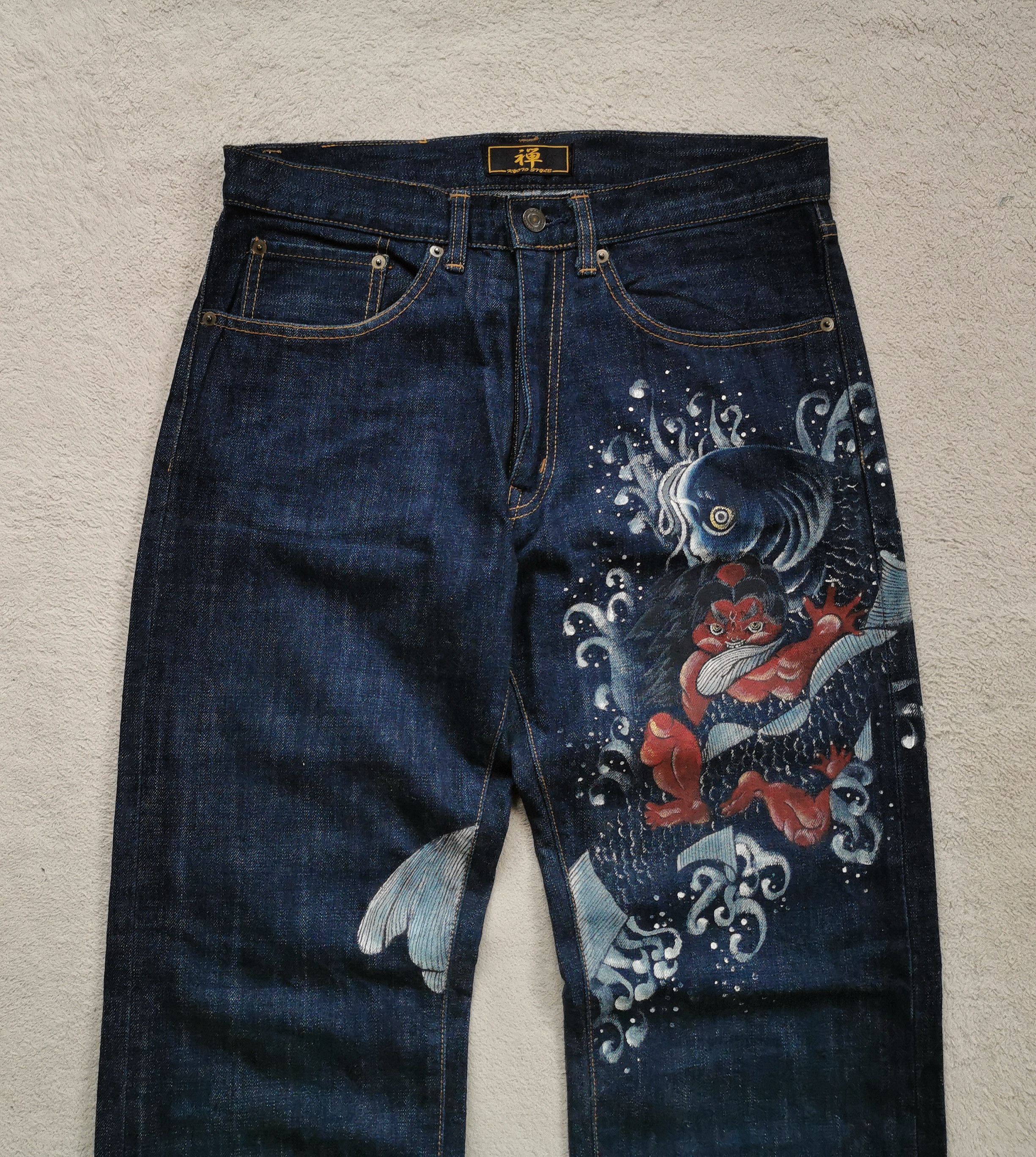 Japanese Brand Zen Kyoden God With Fish Waves Hand Painted Japan Jeans ...