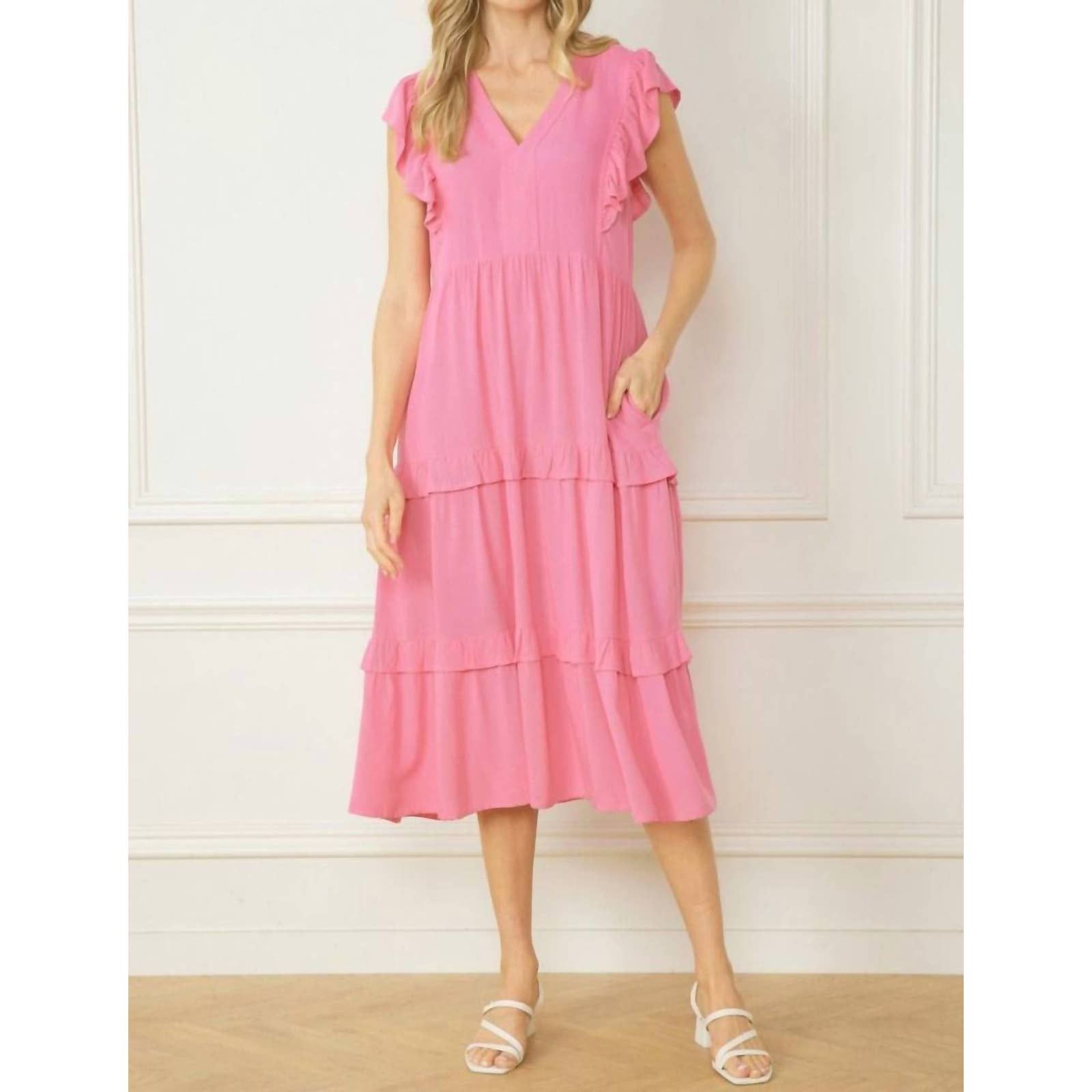 Designer ENTRO v-Neckline Midi Dress In Pink | Grailed