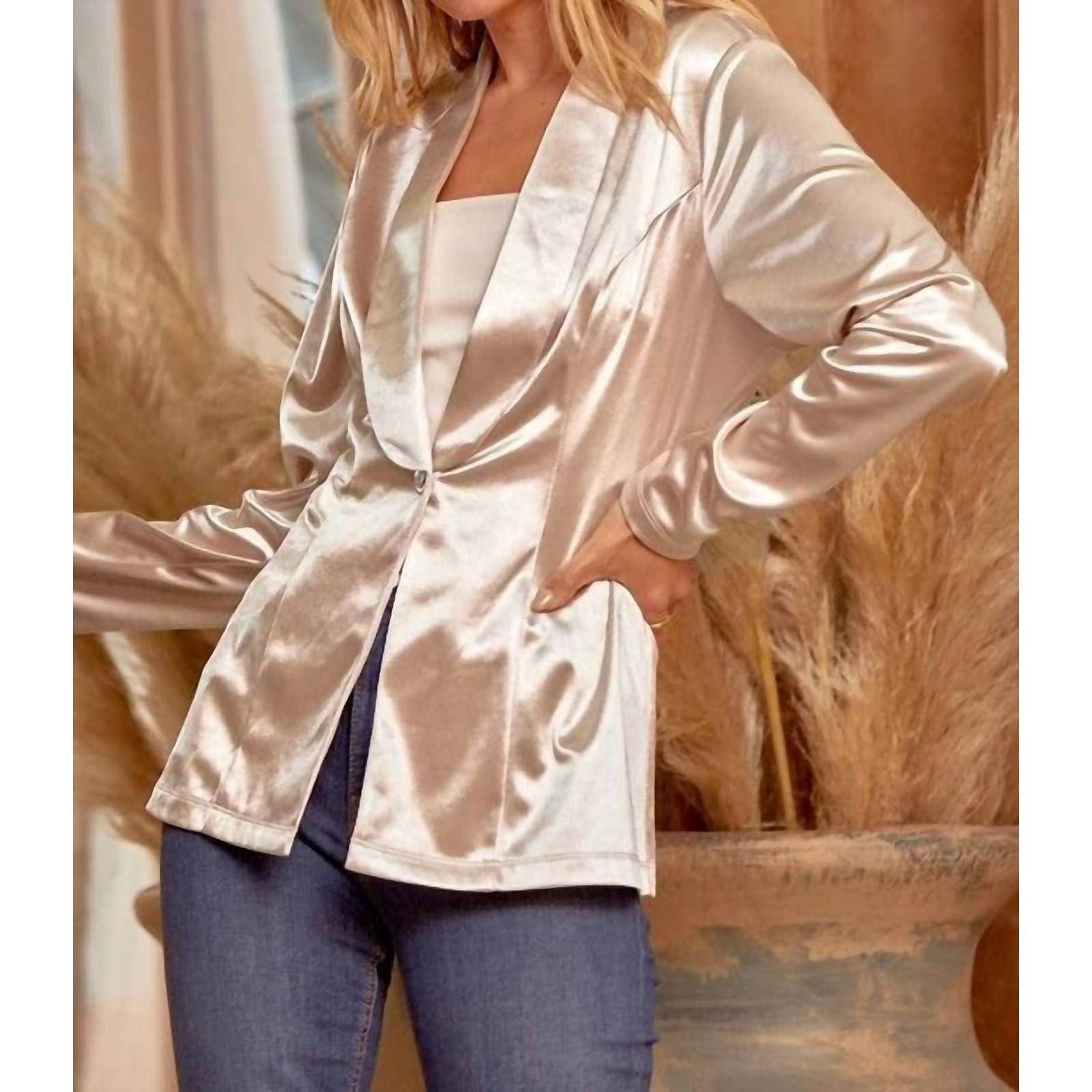 Designer ANDREE BY UNIT Solid Button Front Satin Blazer In Champagne ...