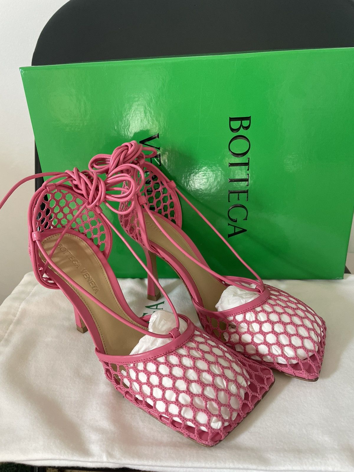 Bottega Veneta NEW Bottega Veneta Mesh Stretch Heels Pink Azalea 36.5 ...