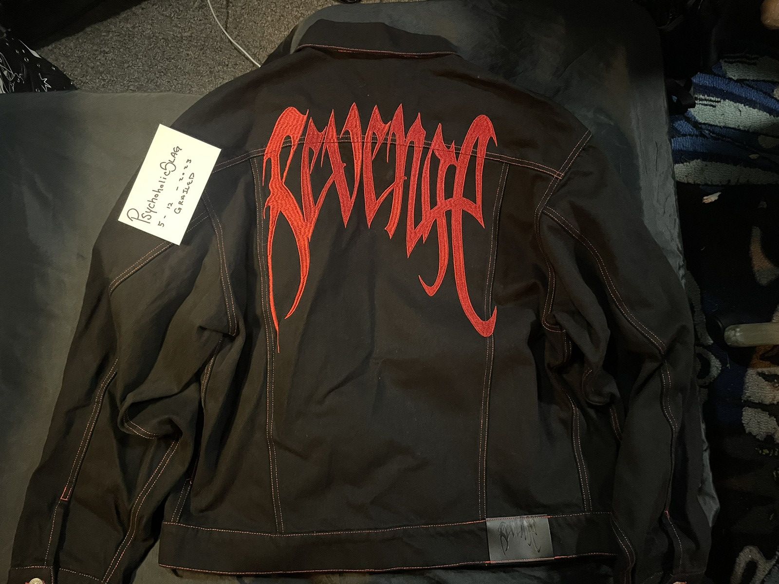 Revenge Black & Red Revenge denim jean jacket coat red stitching | Grailed