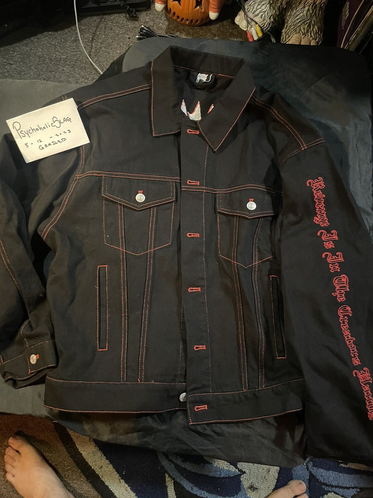 Revenge Black & Red Revenge denim jean jacket coat red stitching | Grailed