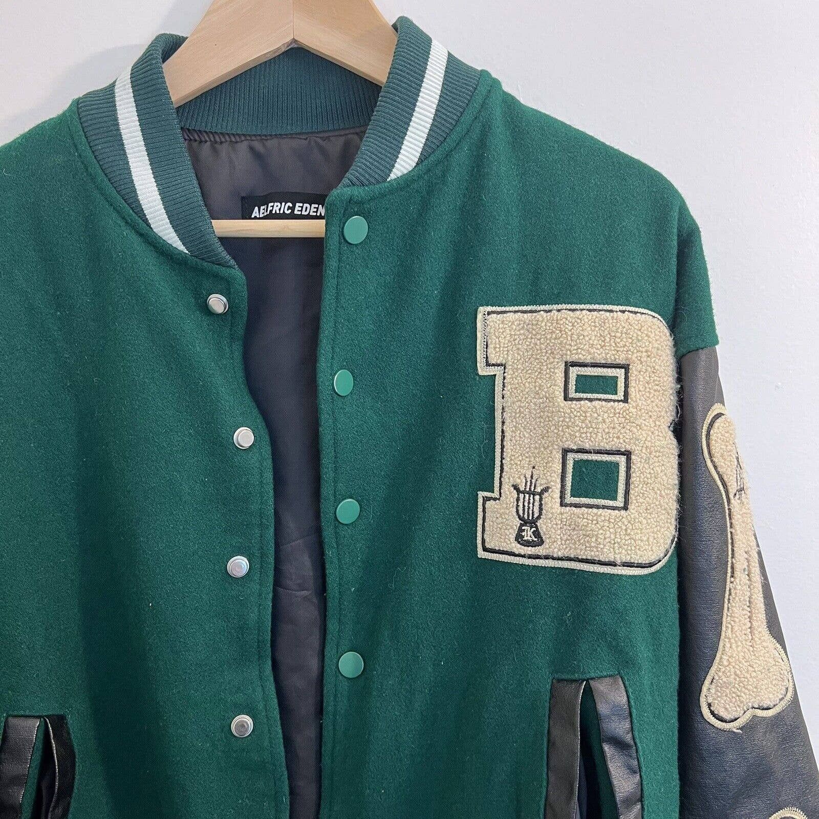 Varsity Aelfric Eden Bones Varsity Letterman Green Leather Jacket S ...