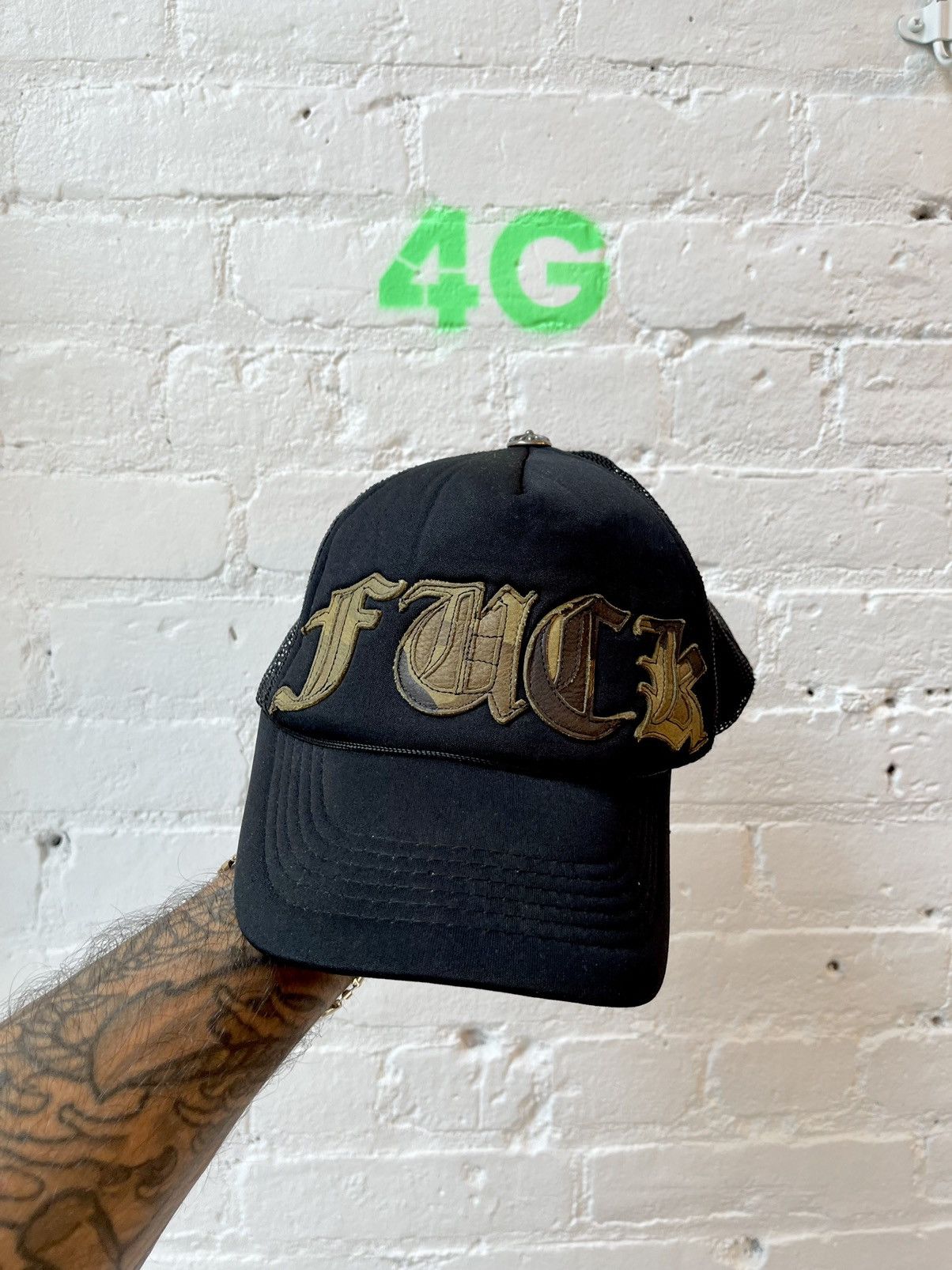 Chrome Hearts Chrome Hearts FUCK Hat Leather Camo RARE SPELL OUT | Grailed