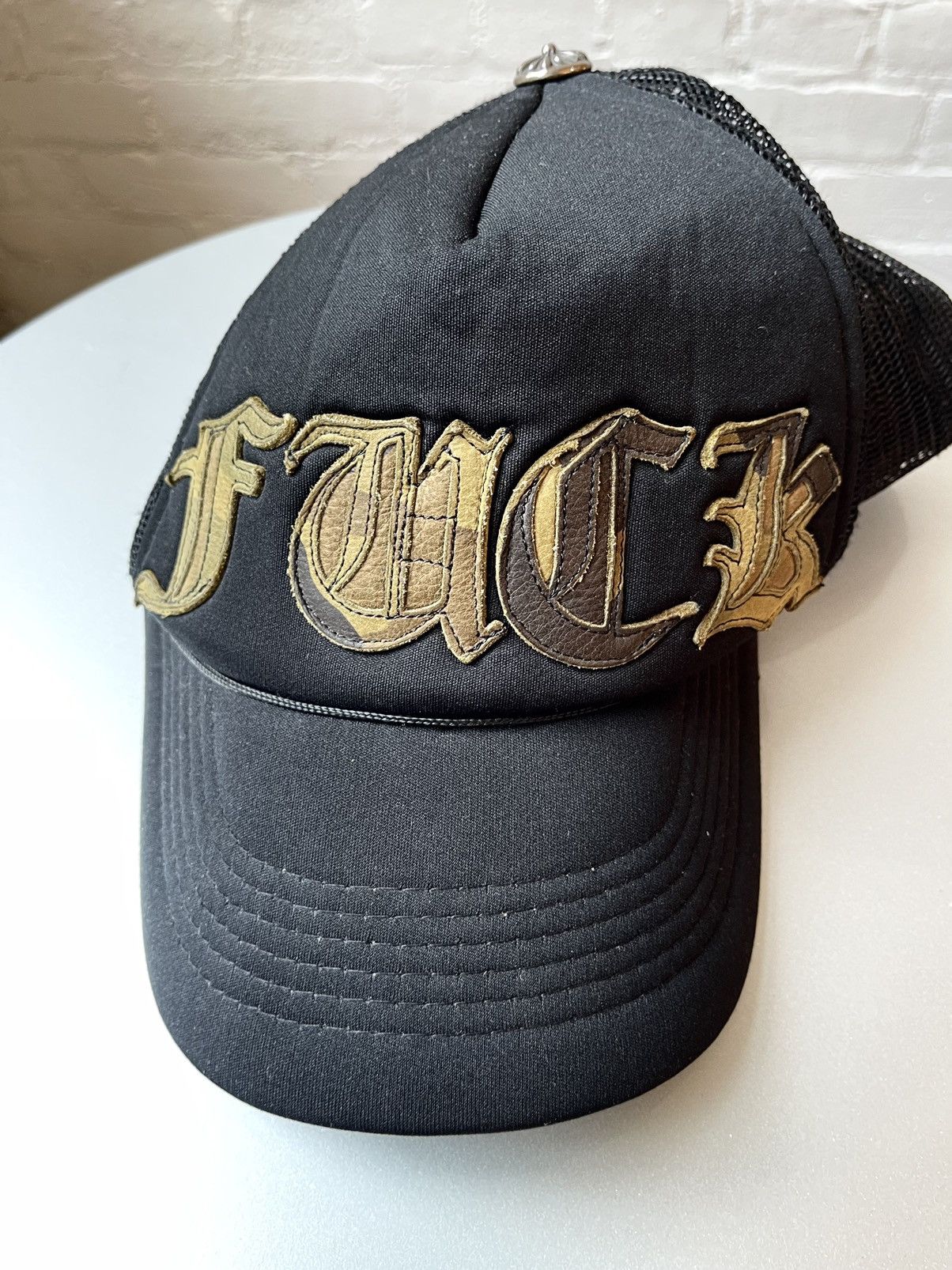 Chrome Hearts Chrome Hearts FUCK Hat Leather Camo RARE SPELL OUT | Grailed