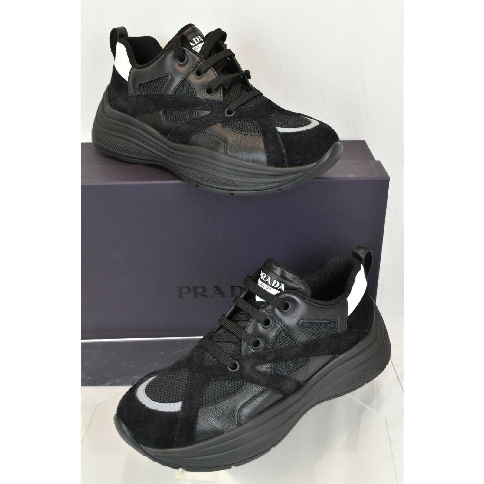Prada 4E3490 BLACK LEATHER SUEDE MESH PLATFORM LOGO SNEAKERS 7.5 | Grailed
