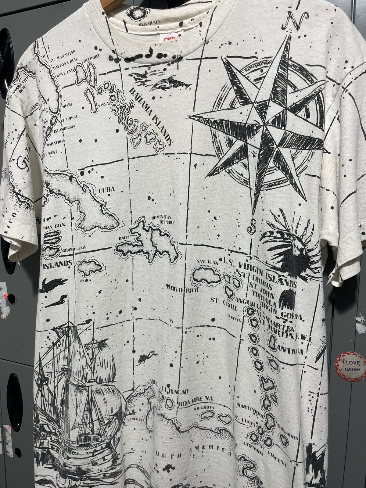 Vintage 90s Map all over print Caribbean pirate ship single stitch ...