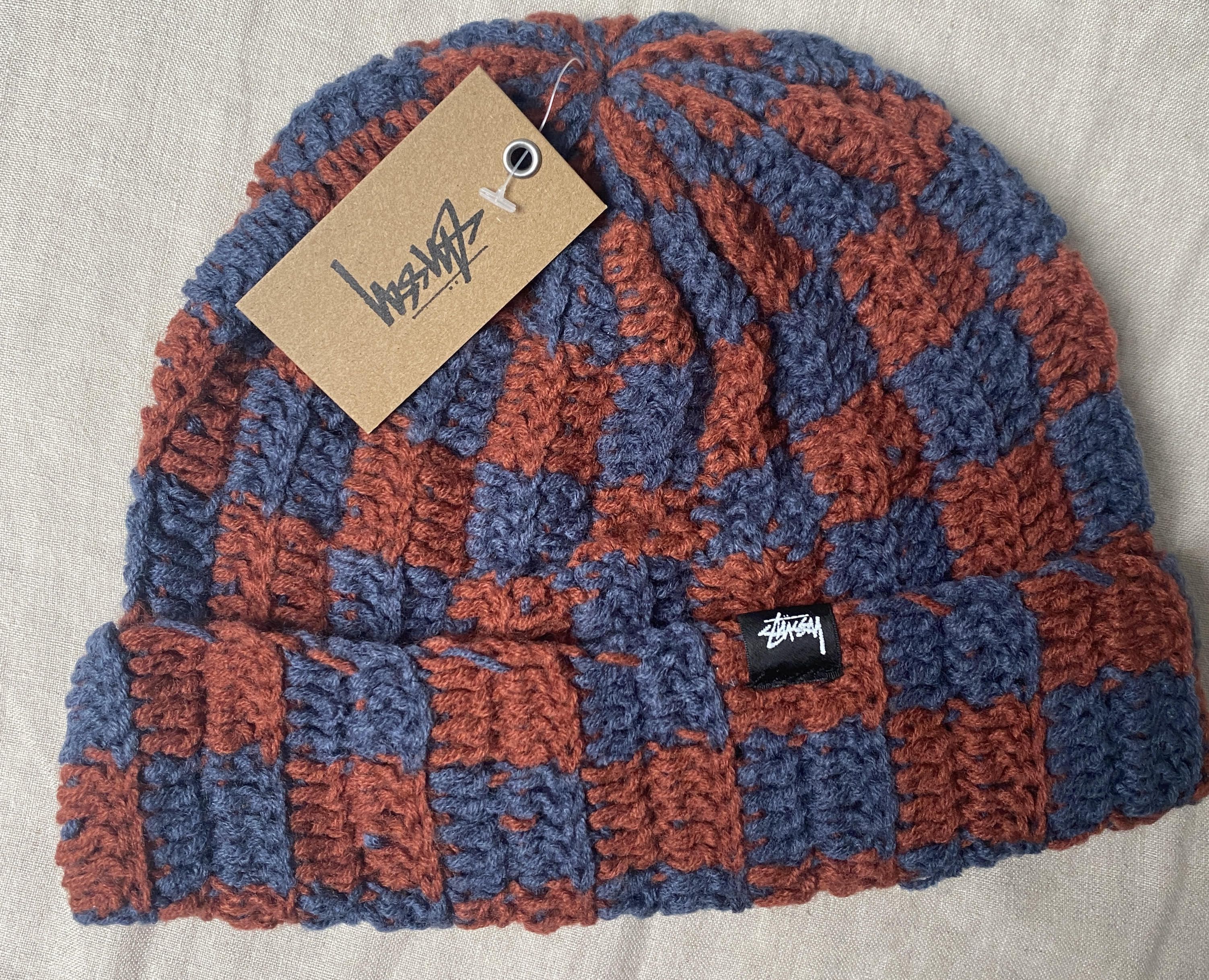 Stussy stussy crochet checker beanie - navy/red | Grailed