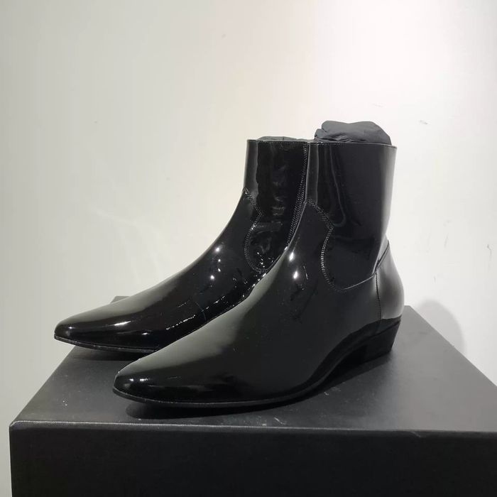 Saint Laurent Paris SLP Black patent leather high top pointed toe boots ...