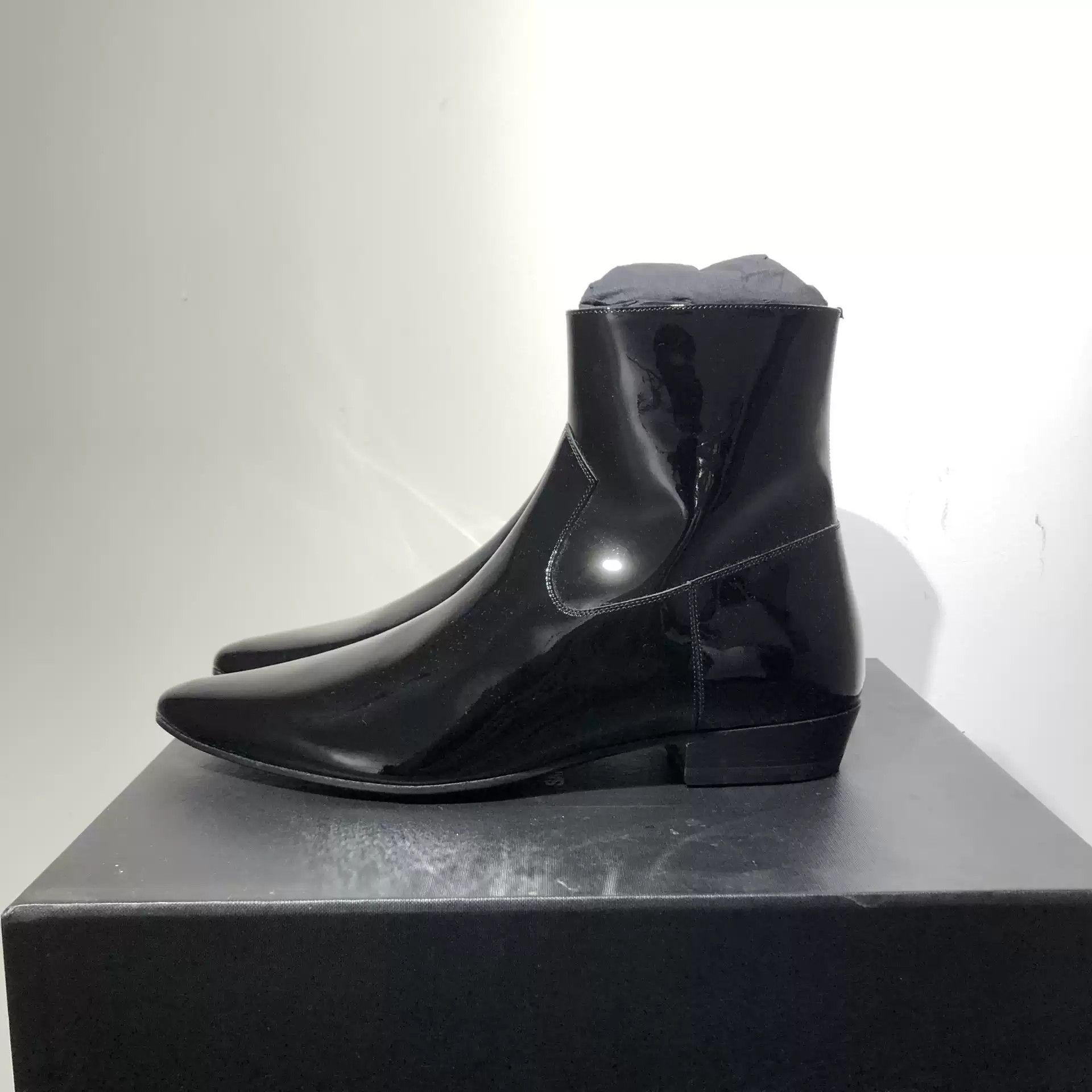 Saint Laurent Paris SLP Black patent leather high top pointed toe boots ...