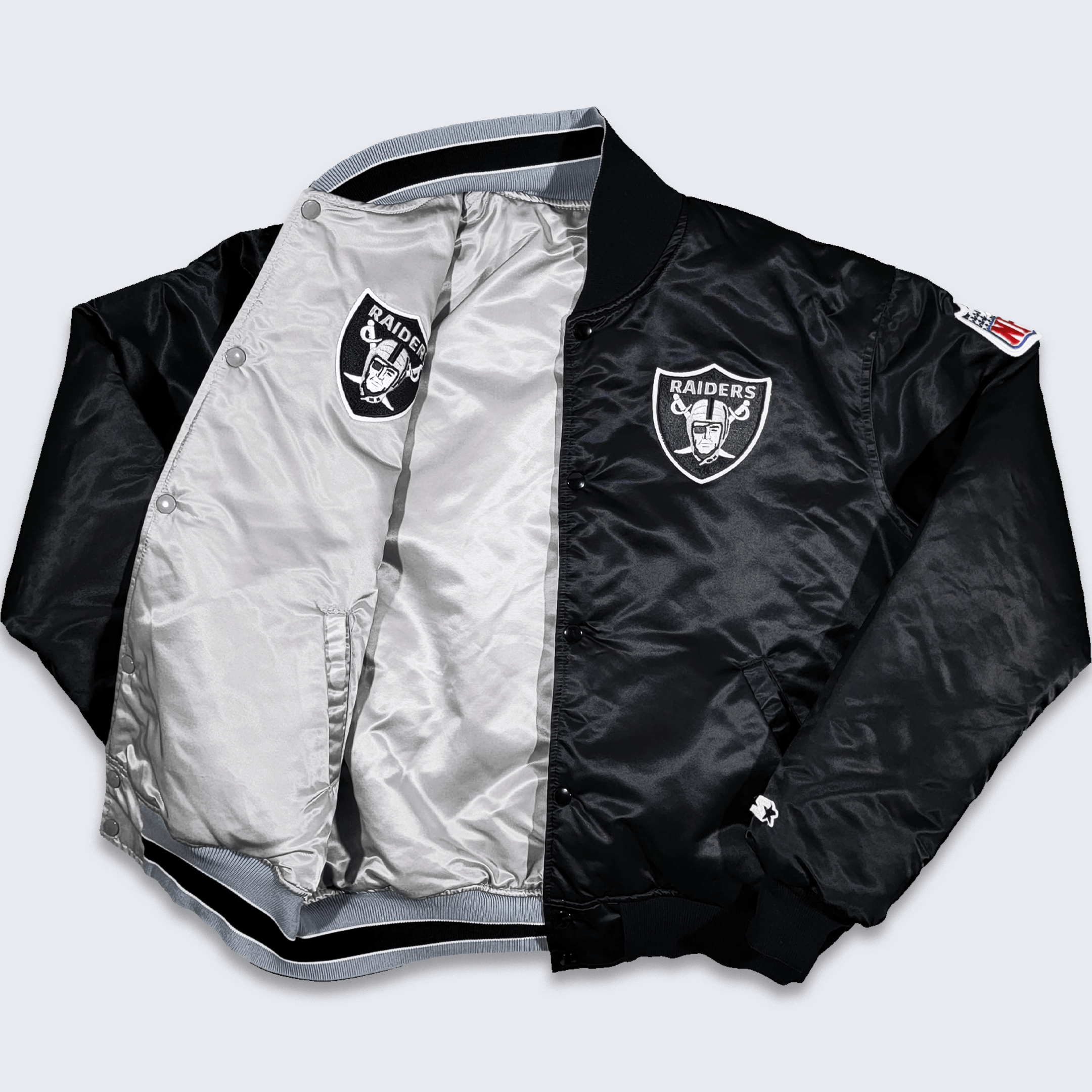 NFL × Starter × Vintage Los Angeles Raiders 80s Reversible Satin Bomber ...