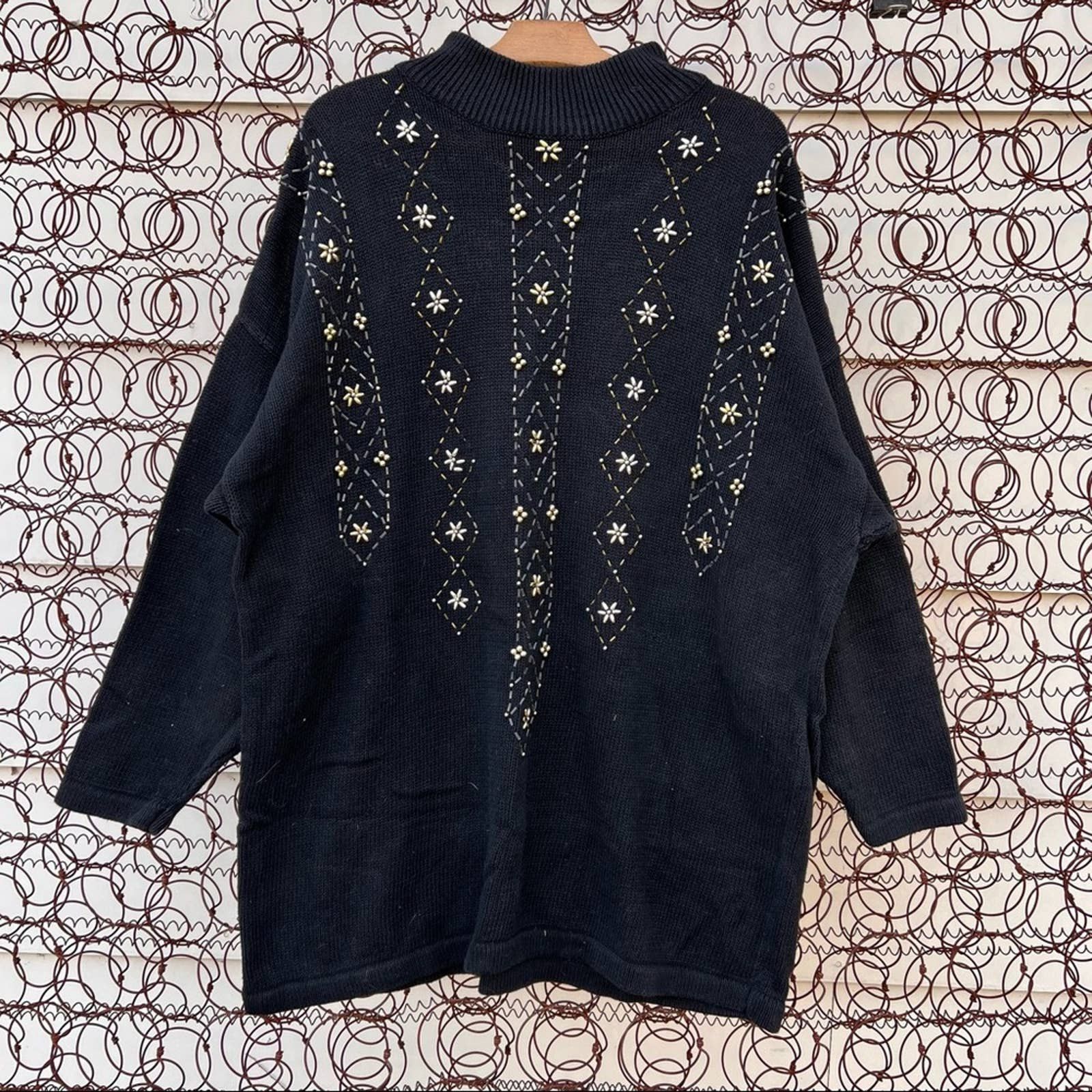 Vintage 90s Victoria Jones woman black beaded turtle neck sweater | Grailed