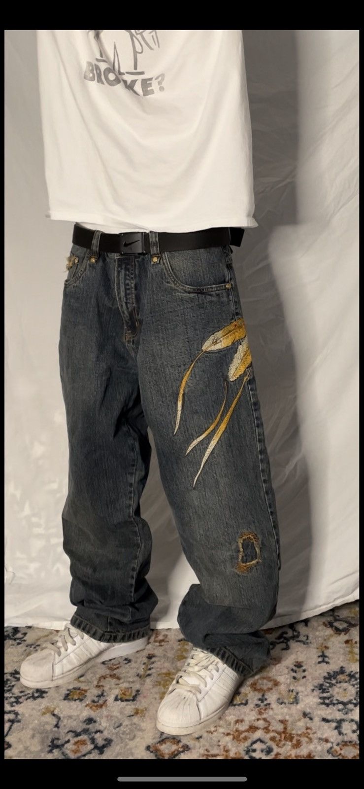 Streetwear × Vintage vintage y2k feather embroidered denim | Grailed