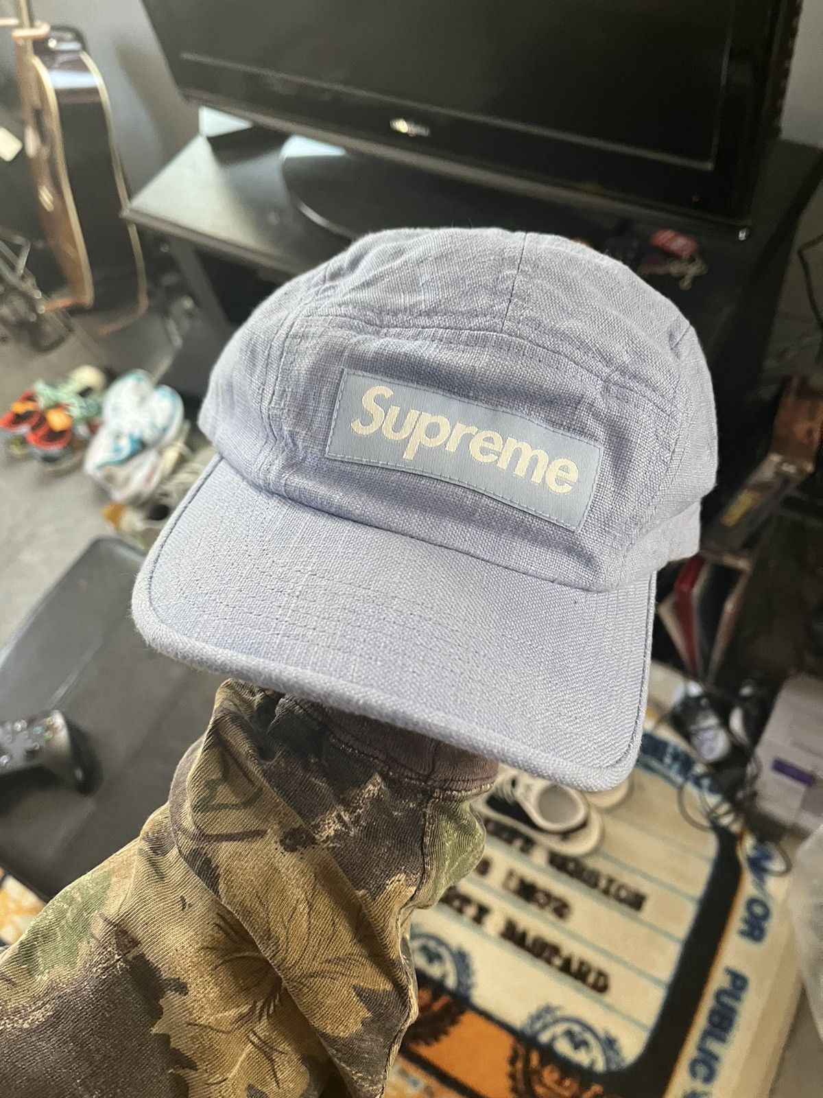 Supreme Baby Blue Linen Supreme Cap | Grailed