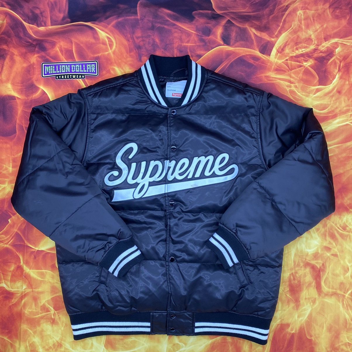 Streetwear × Supreme × Vintage Script Varsity Puffy Jacket | Grailed