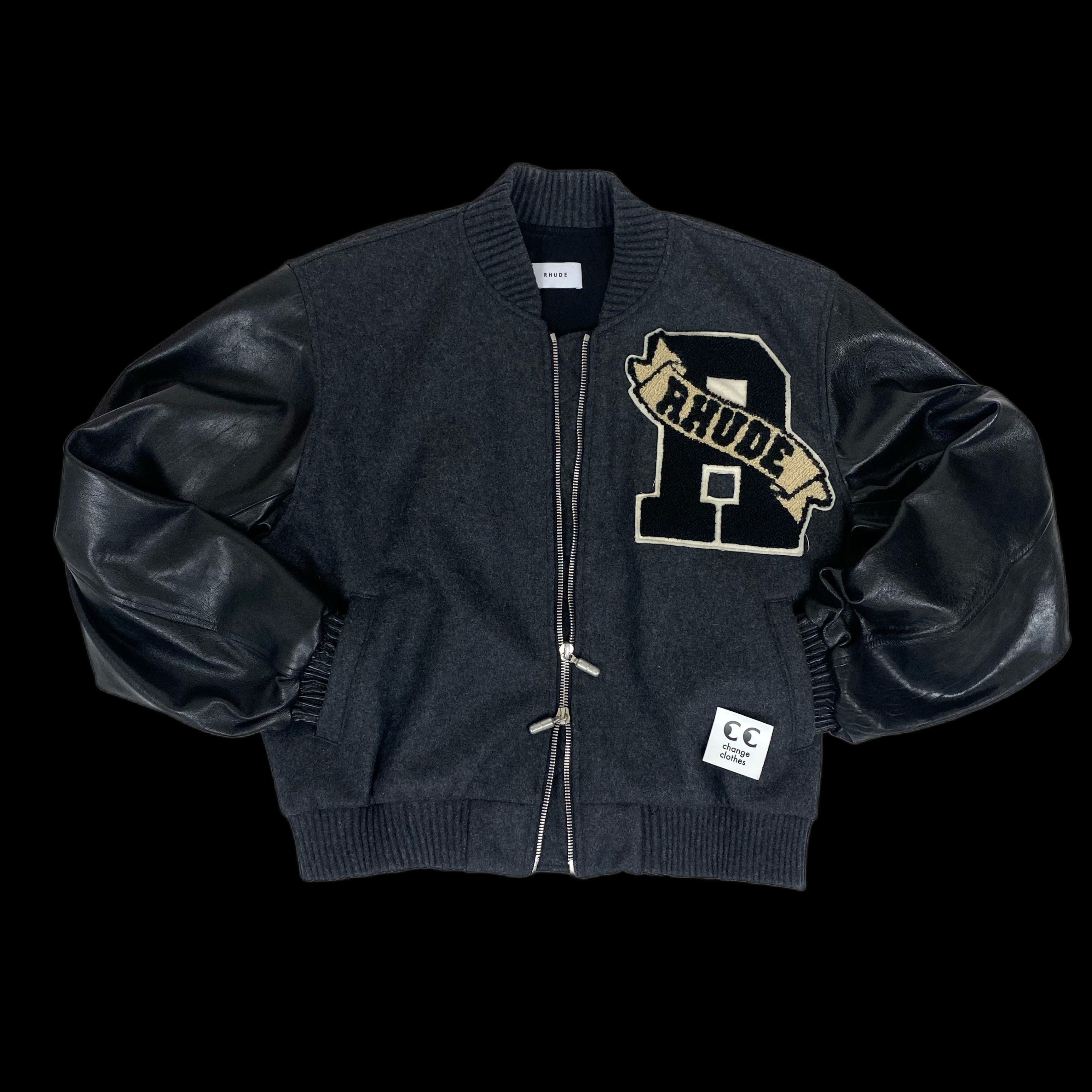 Rhude rhude varsity jacket wool leather chenille letterman black | Grailed