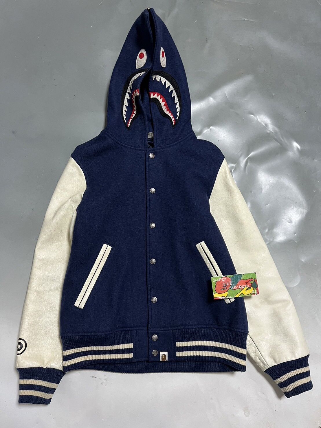 Bape BAPE shark versity jacket Navy/White | Grailed